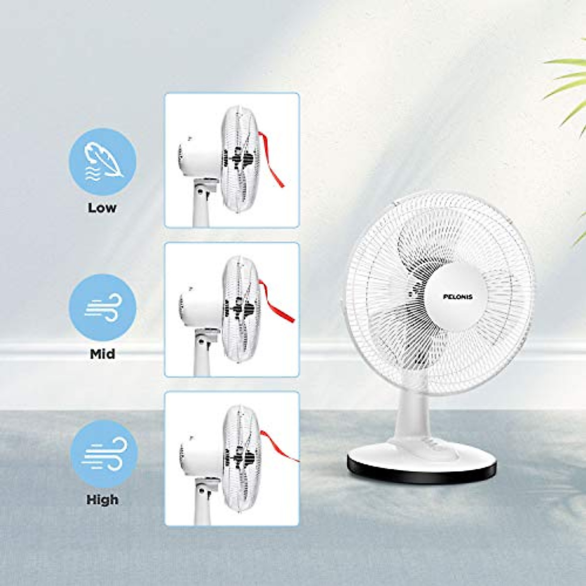 PELONIS FT30-15H Portable 3-Speed 12-Inch Oscillating Table Air Circulation Fan, White, 15 Inch TableFan