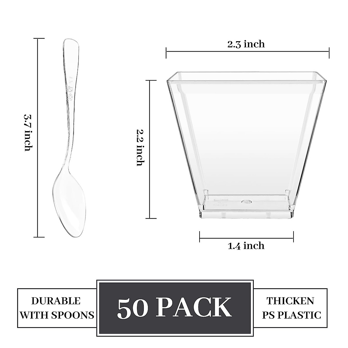 TOFLEN 50 Pack 3.5 oz Plastic Dessert Cups with Spoons for Party, Mini Square Dessert Cups for Yogurt, Parfait, Pudding, Jello and Appetizers, Dessert Shooters