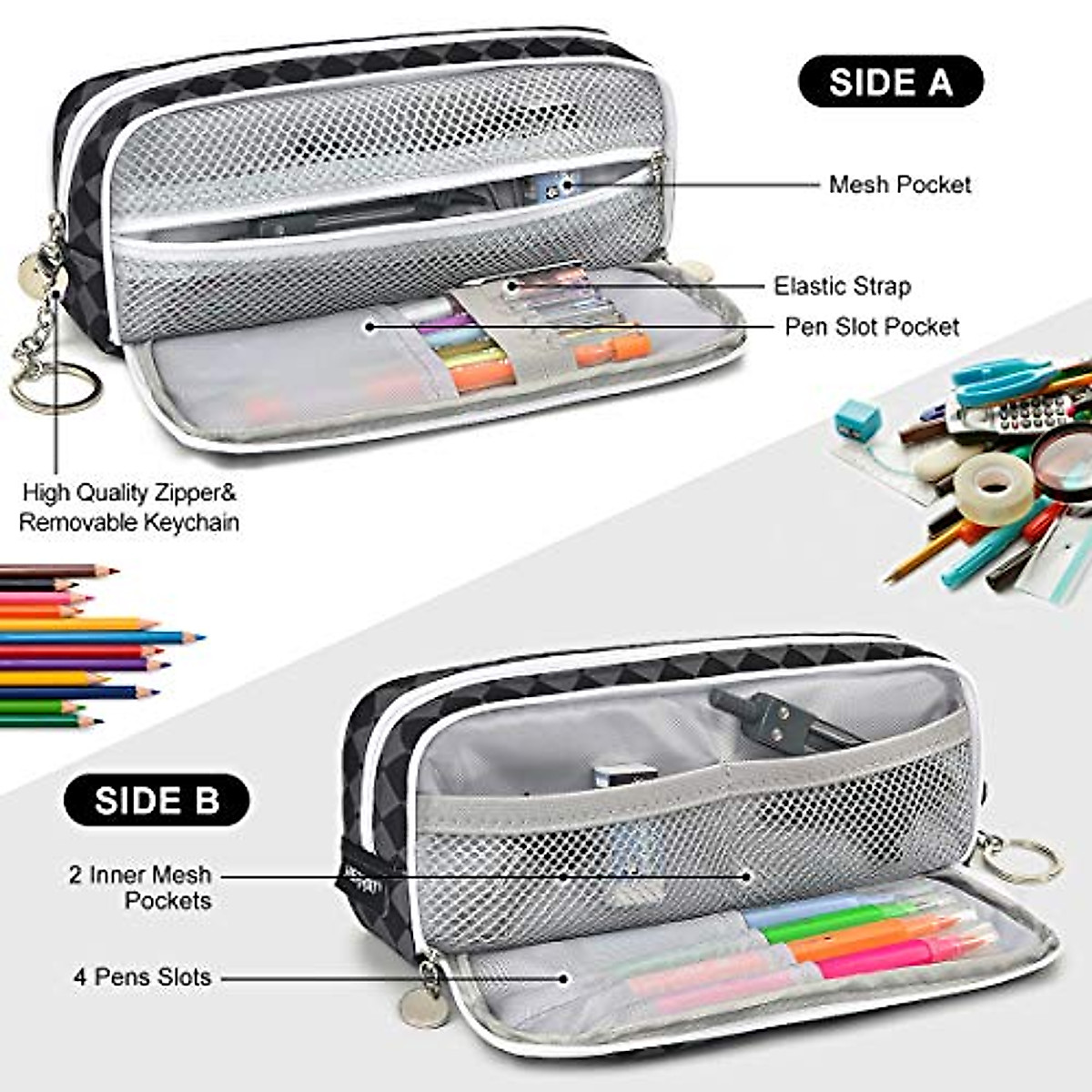 HERRIAT Large Pencil Pouch with Keychain, Durable Canvas Big Capacity Pencil Case Bag for Teen Boys Girls High School Students and Office Suppliy with 3 Compartments Marker Case(Gray Grid)
