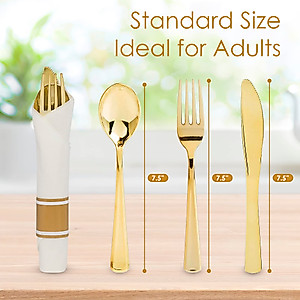 50 Gold Wrapped Plastic Cutlery Set with Napkin - By Zulzzy- Individually Pre Rolled Gold Silverware Disposable Ideal for Parties, Weddings, 50 Forks, Spoons & Knives with White Napkins