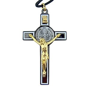 LM Black Enamel Gold Tone Saint Benedict Icon Cross Crucifix Pendant, 3 Inch