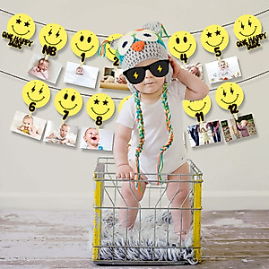 One Happy Dude Monthly Photo Banner - 1st Birthday Monthly Banner Baby Boy 12 Month Photo Display Milestone Photography Bunting Garland for Hippie Groovy One 1 Year Old First Birthday Party