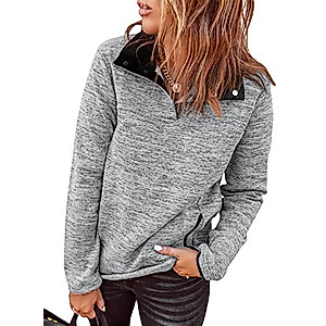 Diukia Sweatshirts Pullover Tops Womens 2022 Fall Cute Lightweight 1/4 Quarter Button V Neck Color Block Stand Collar Long Sleeve Pocket Pullover Sweatshirt for Ladies Teen Girls Juniors Gray L 12-14