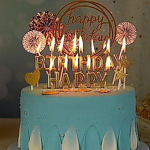 FRIUSATE 30 PCS Birthday Candles Set Gold Confetti Cake Topper Decoration with Happy Birthday Candles Sign Paper Fans Balloon Glitter Star Cupcake Topper for Gold Theme Party Decor