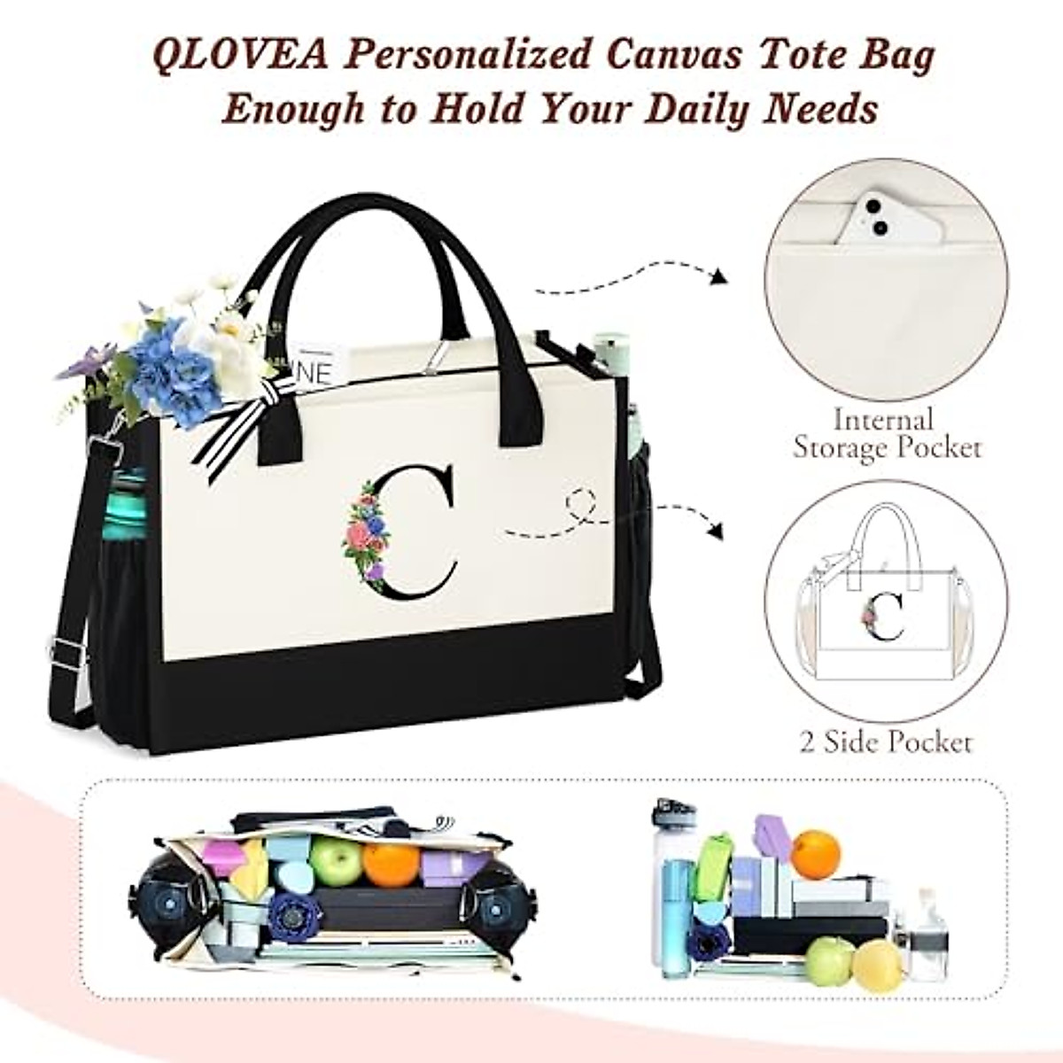 QLOVEA Initial Canvas Beach Tote Bag for Women,Monogrammed Present Tote Bag with Strap and Pockets, Personalized Birthday Wedding Gifts for Mom, Teacher, Friends, Bridesmaids, Nurse Letter L