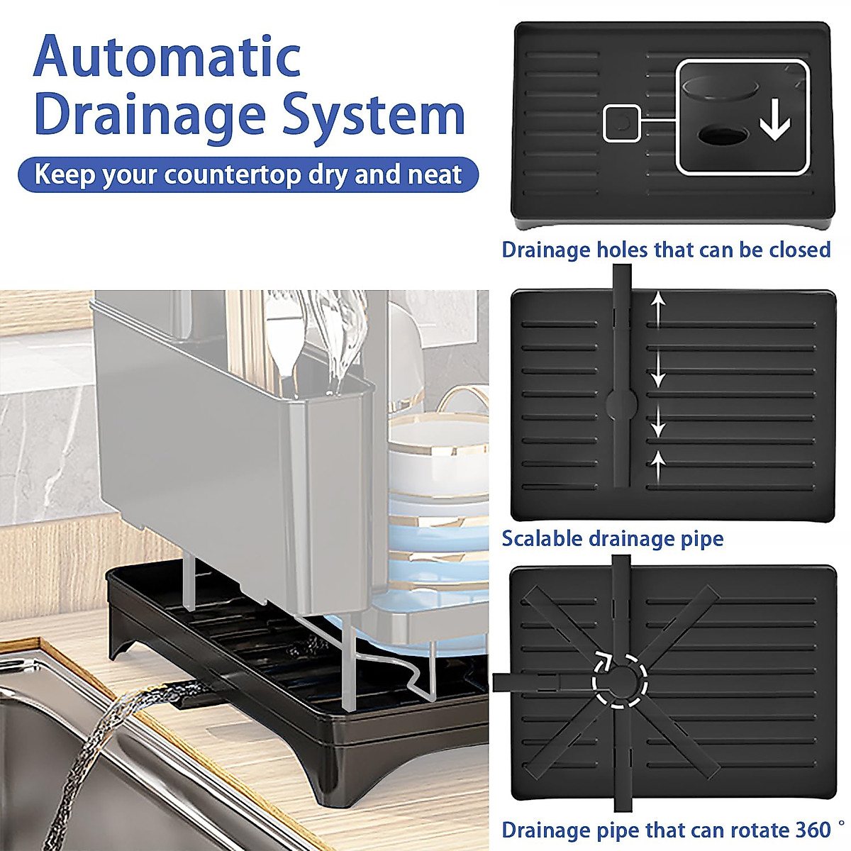 Stoigeld 2-Tier Dish Drying Rack with Utensil Holder,Stainless Steel Dish Rack with Drainboard for Kitchen Counter,Kitchen Organizers and Storage Rack (Black)