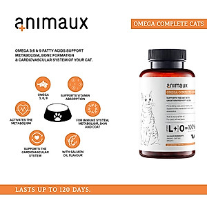 animaux - Omega Complete for Cats Fish Oil Tablets, Omega 3,6 & 9 Fatty acids to Support Metabolism, Bone Structure, Barf Supplement, Salmon Oil for Skin & Coat, 120 chewable Tablets, 120 Days Supply