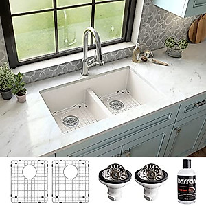 Karran QU-810 32" Undermount Double Equal Bowl Quartz Kitchen Sink Kit in White