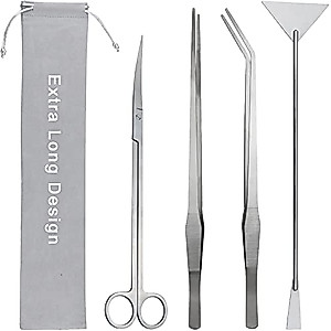Aquarium Aquascape Tools Kit, Long 15 Inch Stainless Steel Aquatic Plants Tools, 4 in 1 Anti-Rust Aquascaping Tweezers Scissors Spatula Scrapers Tool Set for Fish Tank Cleaning Plant Trimming Shears