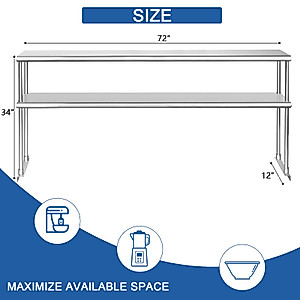 HARDURA Stainless Steel Overshelf 12X72 Inches, NSF Commercial Double Shelf for Prep Work Table in Restaurant, Home and Kitchen