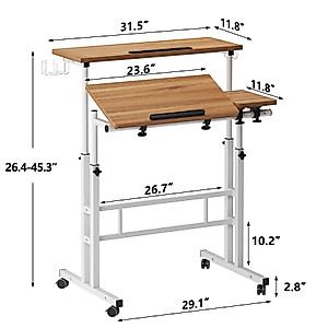 soges Rolling Standing Desk, Height Adjustable Home Office Desk, Mobile Sit-Stand Laptop Desk with Cup Holder and Hook, Portable Desk with Wheels, Oak