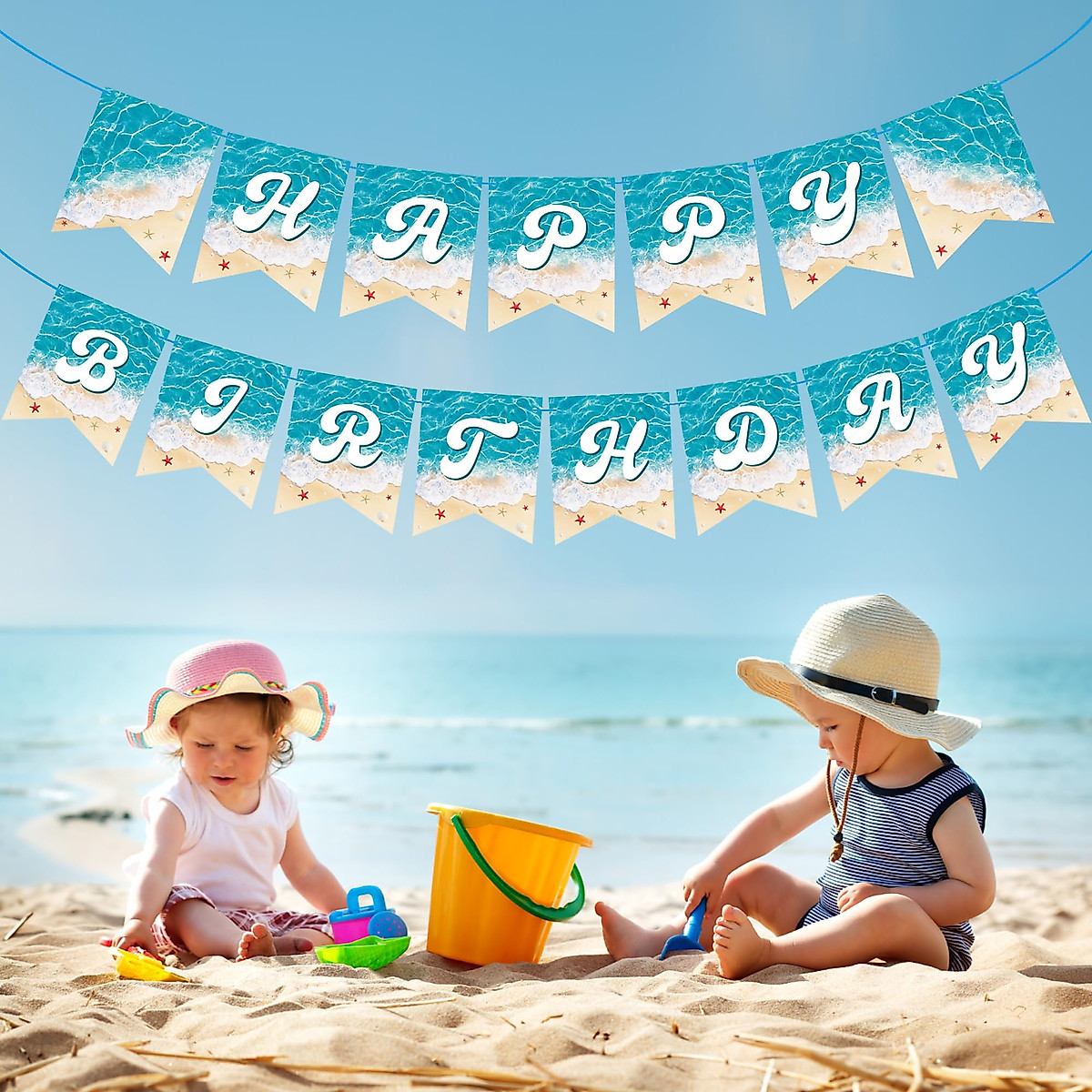 Beach Birthday Banner Garland Decorations for Hawaiian Aloha Luau Beach Pool Barbecue Party Beach Ball Happy Birthday Party Favor Supplies