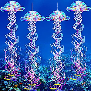 4 Pieces Glitter Iridescent Jellyfish Honeycomb Mermaid Party Jellyfish Lanterns Ocean Blue Hanging Jellyfish Decorations Under The Sea Honeycomb Decorations Coaster Ocean Jellyfish Decor (Blue)