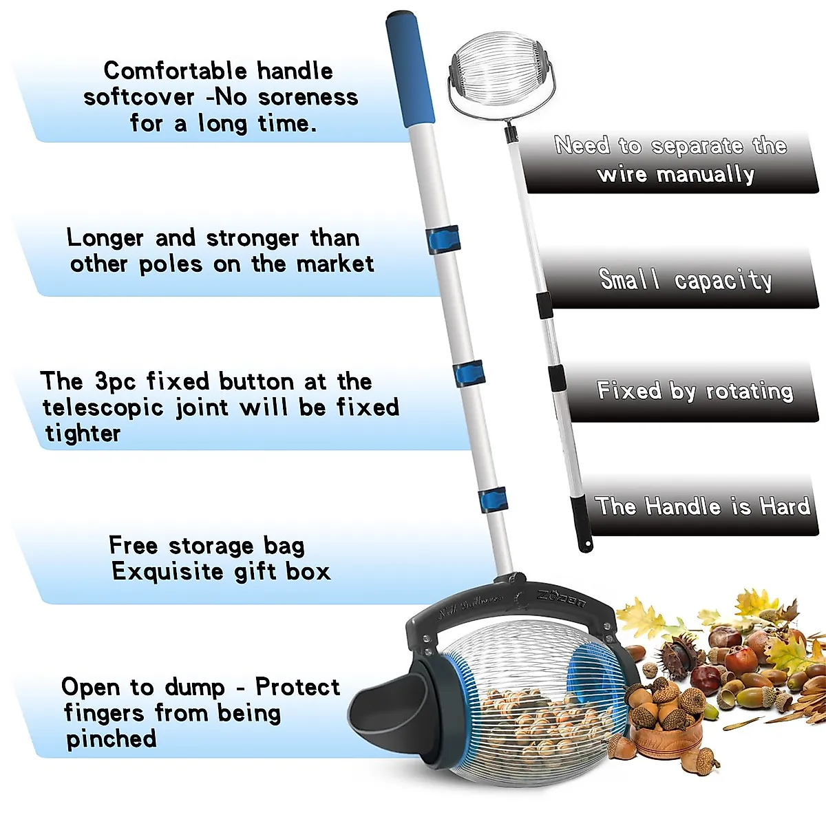 Zozen Acorn Picker Upper Roller, Acorn Dedicated Version | High Density Steelwire Gap - Directly Dump Outlet, Also Pick Nerf Balls, Pick Up Size 3/8'' to 1'' Small Diameter Objects, Capacity 1 Gallon