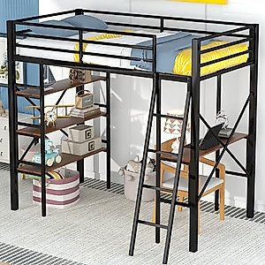 Metal Loft Bed Twin Size, Twin Loft Bed with Desk and 3-Tier Storage Shelves, Twin Loft Bed with Ladder and Full-Length Guardrail, Twin Size Loft Bed for Kids, Teens, Adults, Black Loft Bed with Desk