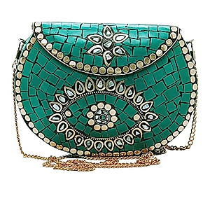 Trend Overseas Ethnic Antique Indian Handmade Mosaic Stone Chip Bag Bridal Clutch, Green, M