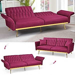 ACMEASE 2 Pieces Velvet Futon Sofa Set with Adjustable Backrests and Armrests, 70” Convertible Sofa Bed & Tufted Accent Chair with Ottoman for Living Room, Fuchsia