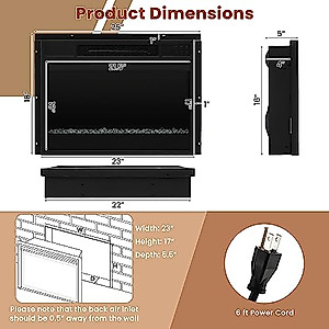 GOFLAME 23 Inch Electric Fireplace Insert, Recessed Quartz Fireplace Heater with 6 Flame Modes & 5 Brightness, Breathable Design, Remote Control, 8H Timer, Overheat Protection, 1500W