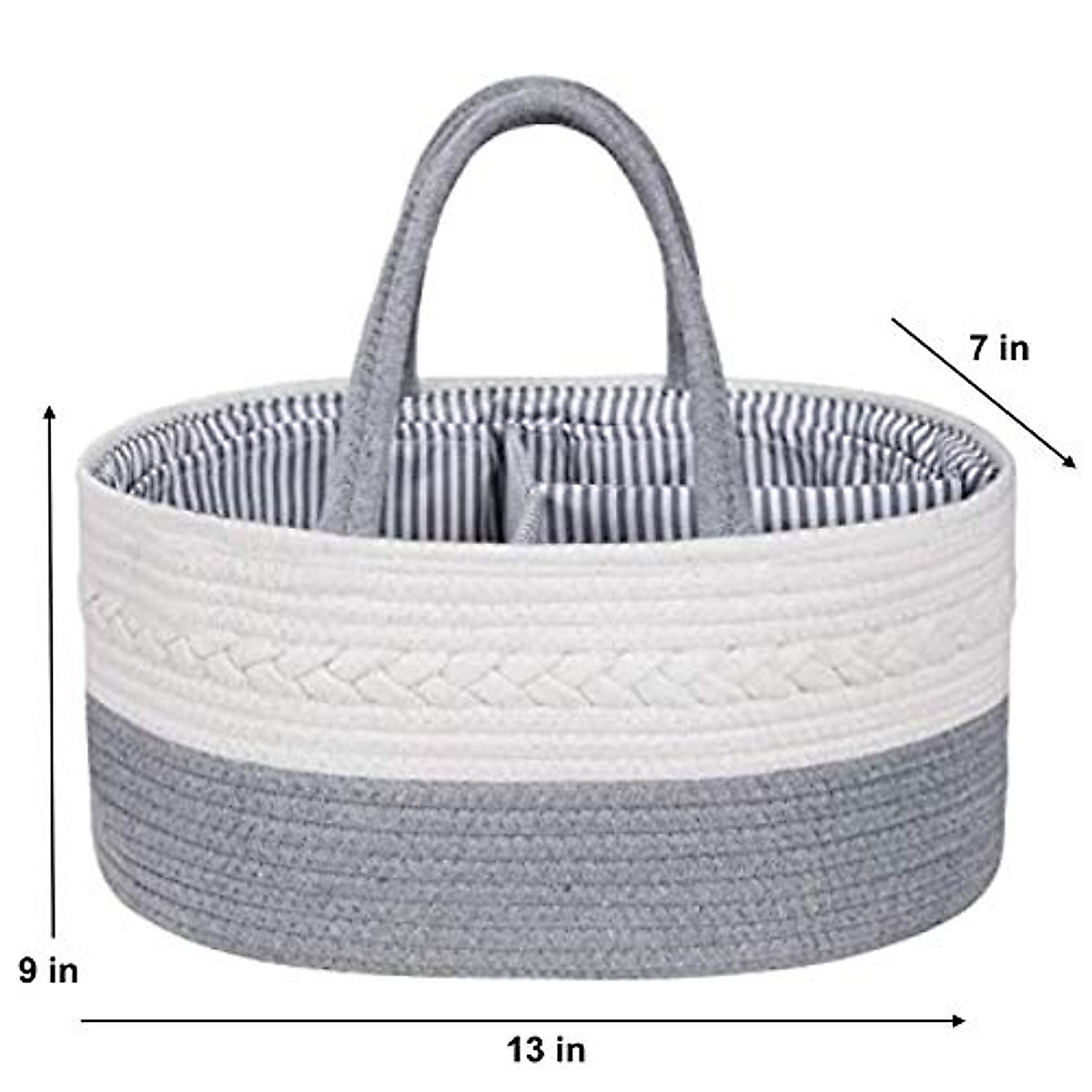 Baby Diaper Caddy Organizer | with Waterproof Changing Pad | 100% Cotton Rope Woven Basket | Portable Nursery Storage | for Boys and Girls | Travel Car Bin | 6 Inner Pockets | Removable Inserts