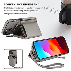 Bocasal Crossbody Wallet Case for iPhone 13, RFID Blocking PU Leather Zipper Handbag Purse Flip Cover, Kickstand Folio Case with Card Slots Holder Wrist Strap Lanyard 5G 6.1 Inch (Grey)