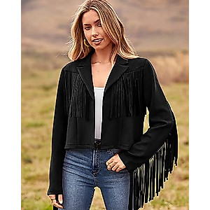 BTFBM Women Fashion Cropped Tassel Fringe Faux Suede Leather Jacket Fall Winter Long Sleeve Lapel Neck Moto Coat Outwear(Solid Black, XX-Large)