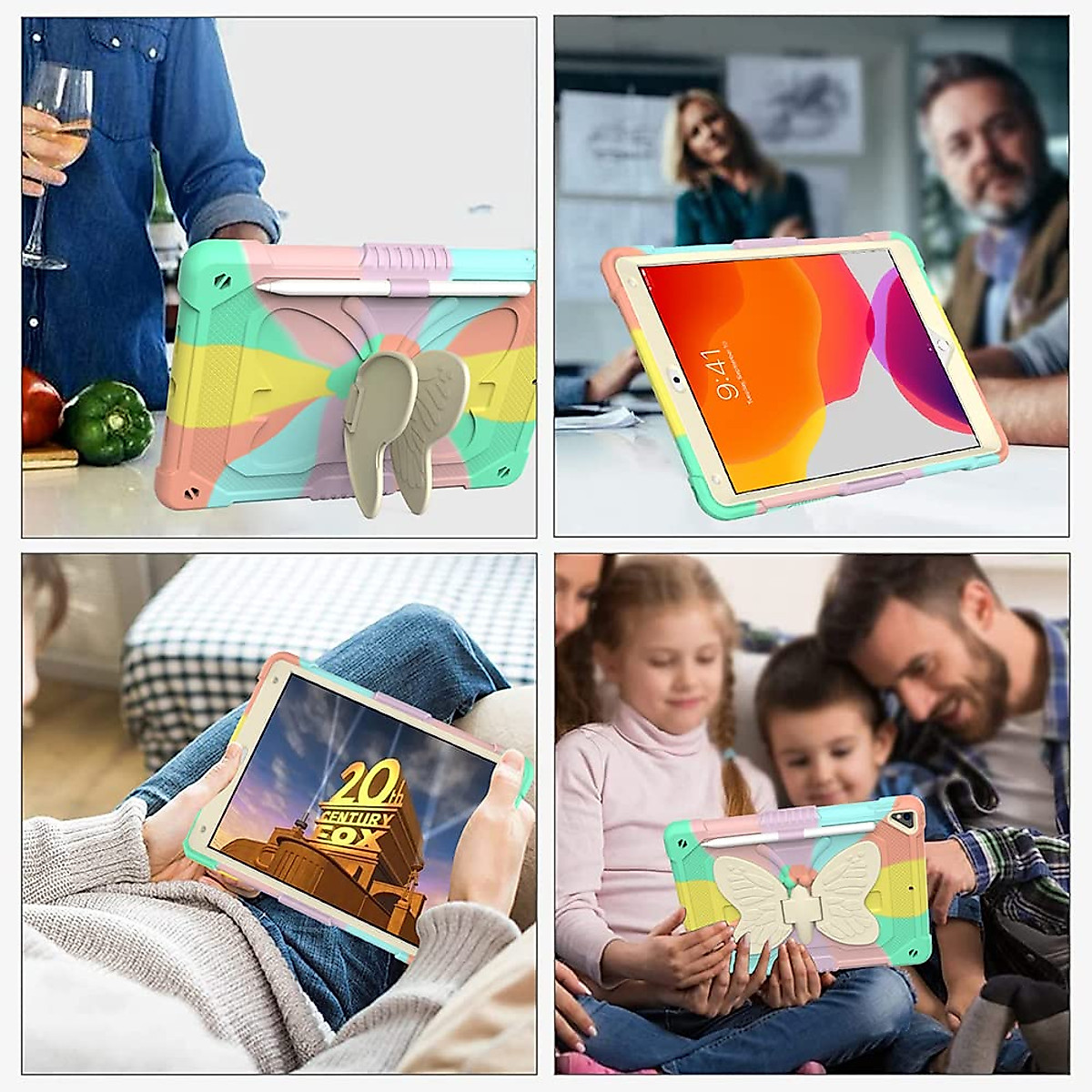 Tading iPad 9th 8th 7th Generation Case for Kids with Pencil Holder, iPad 10.2 Case, Butterfly Kids Proof Kickstand Cover for Girls for iPad 10.2 inch 2021 2020 2019 - Rainbow