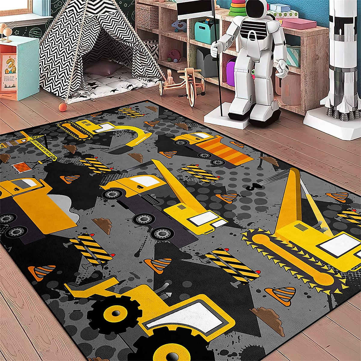 CAFCIOYG Construction Rugs for Boys Room Play Rug for Cars and Trucks Car Rug Play Mat Kids Rugs for Playroom Car Rug for Boys Room Construction Decor for Boys Room,Grey 2'5''×4'