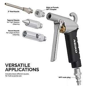 NEIKO 31121A High Flow Air Blow Gun | 3 Pc Pneumatic Air Nozzle | Dust Gun | Air Gun Compressor Accessories | ¼”