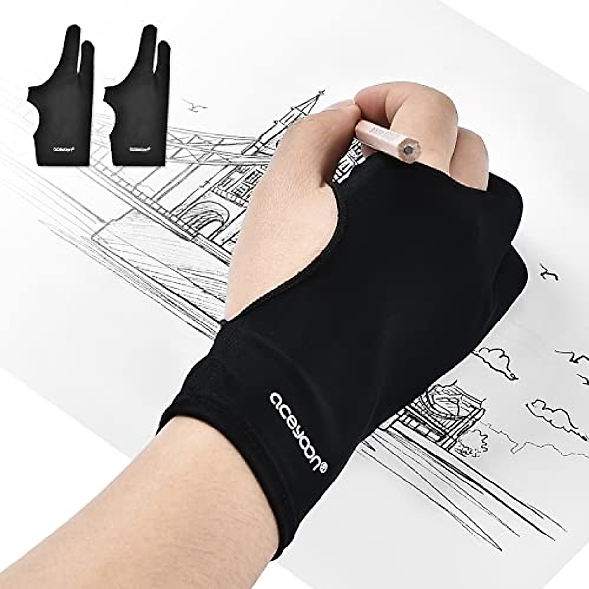 aceyoon [Upgrade] 2Pack Drawing Glove, Two-Finger Artist Gloves for Digital Graphic Tablet, Elastic Painting Gloves for Right/Left Hand Artists, for Paper Sketching, iPad, Painting