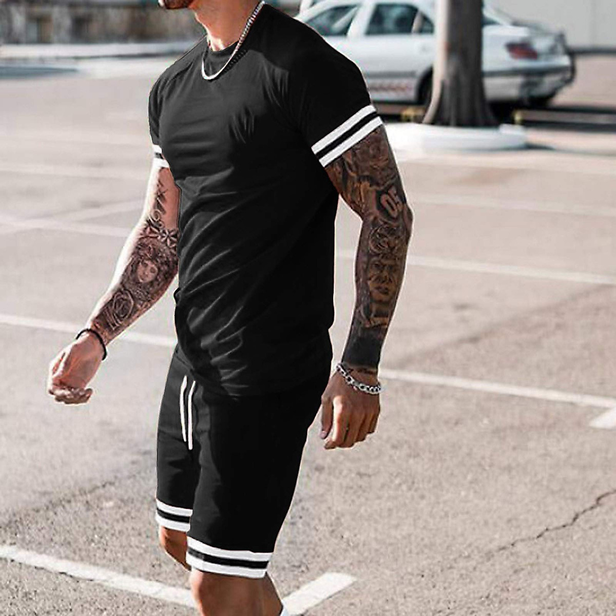 FORUU Mens Short Sets 2021,Summer 2 Piece Outfits Plus Size Beach Patchwork Sleeve Shirts & Shorts Pants Fashion Shirt And Casual Stylish Men Outfits, Black, ZCY0401, Large
