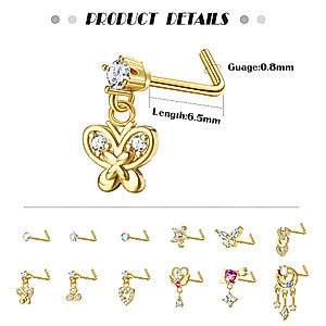 Sanfenly Nose Rings Studs Nose Piercing Jewelry for Women Men 20G Rose Gold Silver Black Cute CZ Heart Moon Butterfly Flower Dangly Dangle Dangling Nose Rings L Shaped Nose Stud Set