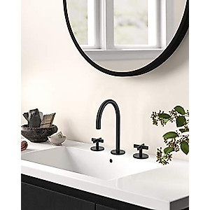 Matte Black Bathroom Faucet, Indare 8-inch Brass Widespread Faucet for Bathroom Sink 3 Holes with Pop-up Drain Assembly and Supply Lines Preassembled, 110101-PB