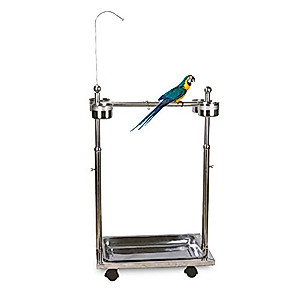 Ozzptuu Metal Bird Feeder Stand Adjustable Height Rolling Bird Perch Play Stand Parrot Playstand with Universal Wheels and Feeding Bowls