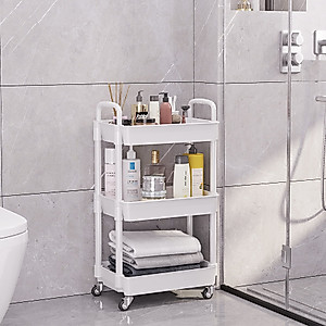 Buzowruil 3-Tier Utility Rolling Plastic Storage Cart Trolley with Lockable Wheels,Multifunctional Storage Shelves for Kitchen Living Room Office,White