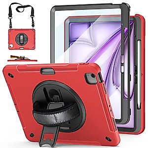 Miesherk Stock Case for iPad Air 13'' 2024: Military Grade Shockproof Rugged Case for iPad Air 13''（M2） W/Screen Protector - Stand - Handle - Shoulder Strap - Pen Holder，Black+Red