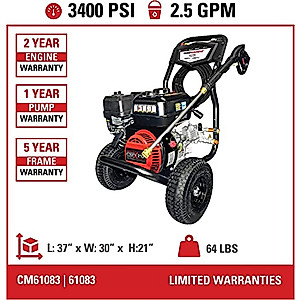 SIMPSON Cleaning CM61083 Clean Machine 3400 PSI Gas Pressure Washer, 2.5 GPM, CRX Engine, Includes Spray Gun and Wand, 4 QC Nozzle Tips, 5/16-in. x 25-ft. MorFlex Hose