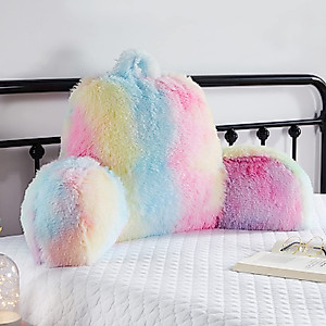Bedriping Reading Pillow for Bed - Faux Fur Backrest Pillow with Arms, Reading & Bed Rest Pillows Rainbow Colors, Fluffy Sit Up Pillow, Study Pillow for Kid, Tween, Teens & Adult Girls