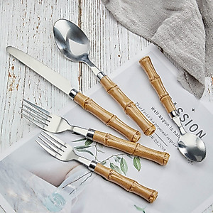Bamboo Silverware set, Hoften Bamboo Utensils Set for 4, 20 Piece Bamboo Flatware Set, Great for Outdoor, Daily Use and Party, 20 Piece Stainless Steel Silverware Set Service for 4, Dishwasher Safe