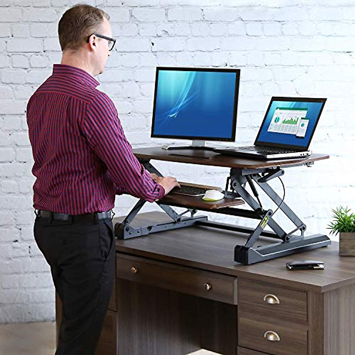 Seville Classics AIRLIFT 36" Gas-Spring Height Adjustable Standing Desk Converter Workstation Ergonomic Dual Monitor Riser with Keyboard Tray and Phone/Tablet Holder, Walnut