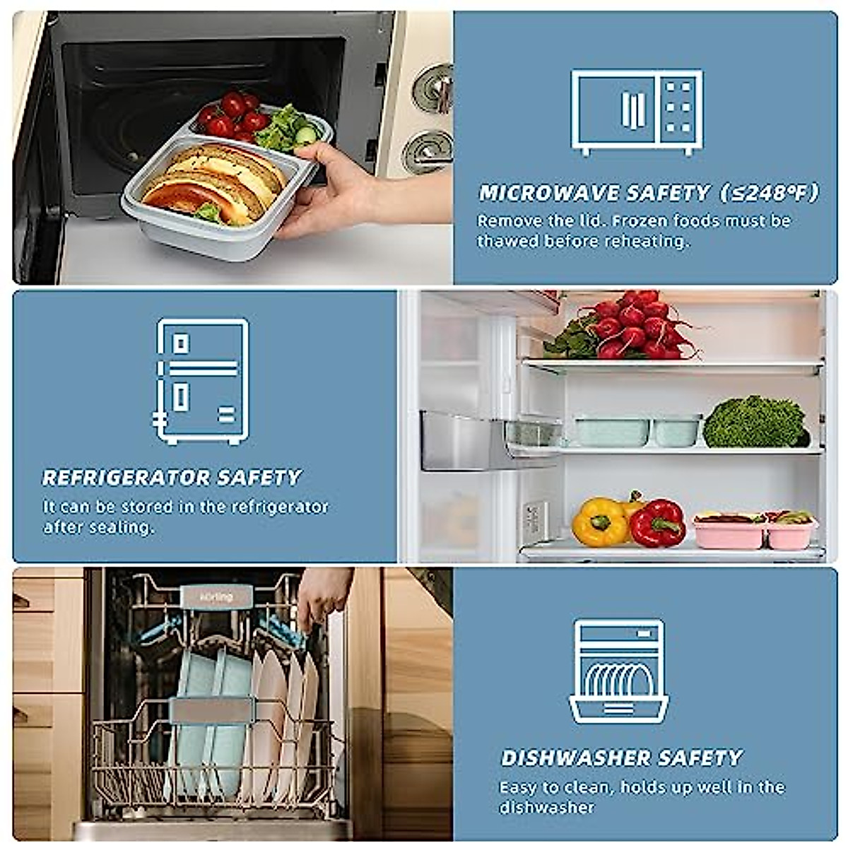 4 Pack Bento Lunch Box for Kids Adults, 2 Compartments Lunch Containers, Reusable Meal Prep Containers with Lids, Microwave & Dishwasher Safe, Divided Food Prep Containers for Travel, School ＆ Work