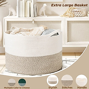 Vazpalas Extra Large Storage Basket-83L Rope Blanket Basket in Living Room, Jumbo Laundry Basket Baby Toy Basket with Large Handles, Bedroom Pillow Basket Clothes Laundry Hamper, 21.8" x 21.8" x 13.8"