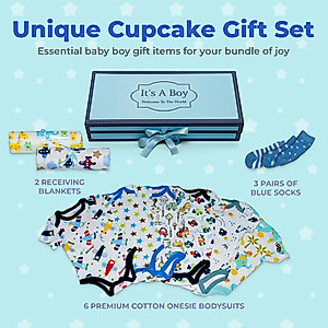 Unique Cupcake Baby Boy Gift Set | Baby Boy Newborn Essentials | Baby Clothes for Boys | Newborn Boy Outfits for Expecting Moms and Gender Reveals | Baby Layette Set - Blue | Nikki's Gift Baskets