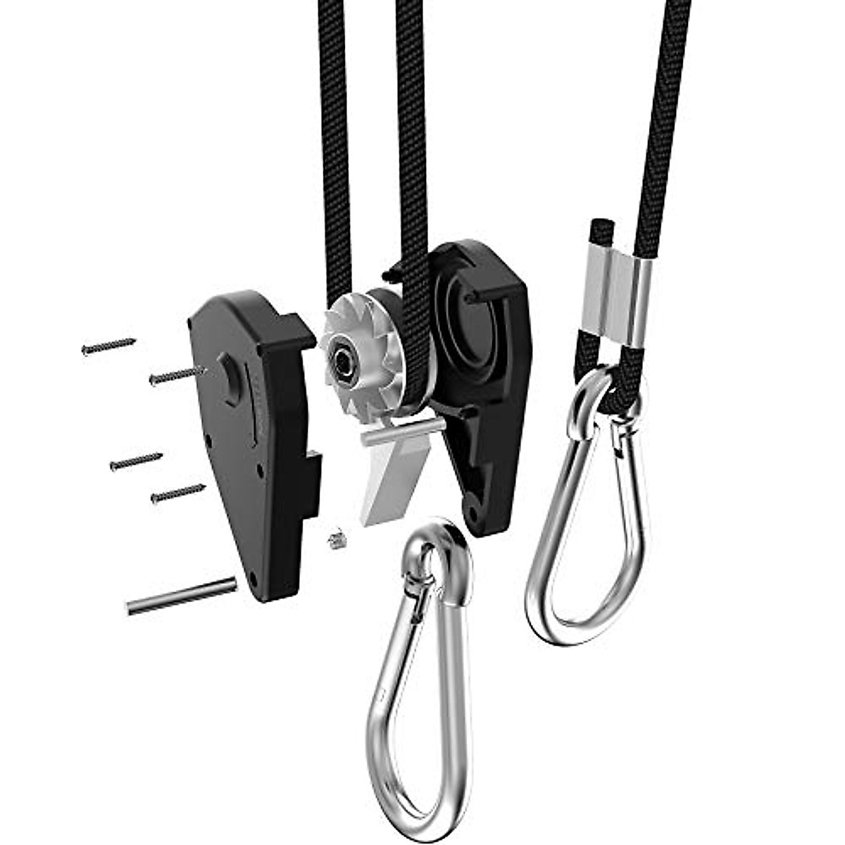 2 Pairs 1/8 inch Adjustable Heavy Duty Rope Hanger - Reinforced Metal Internal Gears Ratchets foe Growing Light Fixtures, Loose-Proof Design, 8-ft Long & 150lbs Weight Capacity