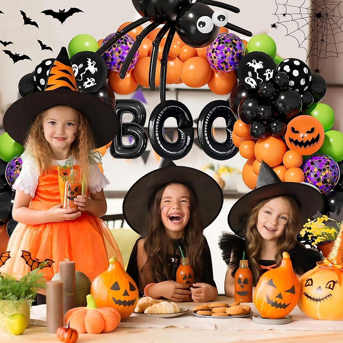 Arnzion 161 PCS Halloween Balloon Arch Garland Kit, Orange Black Purple Latex Party Balloons Set with BOO Foil, Confetti Balloons for Halloween Birthday Supplies, Halloween Party Decor