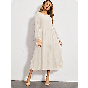 Halife Ladies Fall Dress Long Sleeve Ruffle A-line Flowy Maxi Dresses with Pockets Beige S