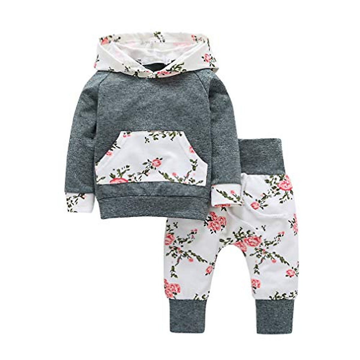 MINKIDFASHION Baby Girls Clothing Sets Flowers Long Sleeve Hoodie Tops Pants Outfit (Gray, 2T-3T)