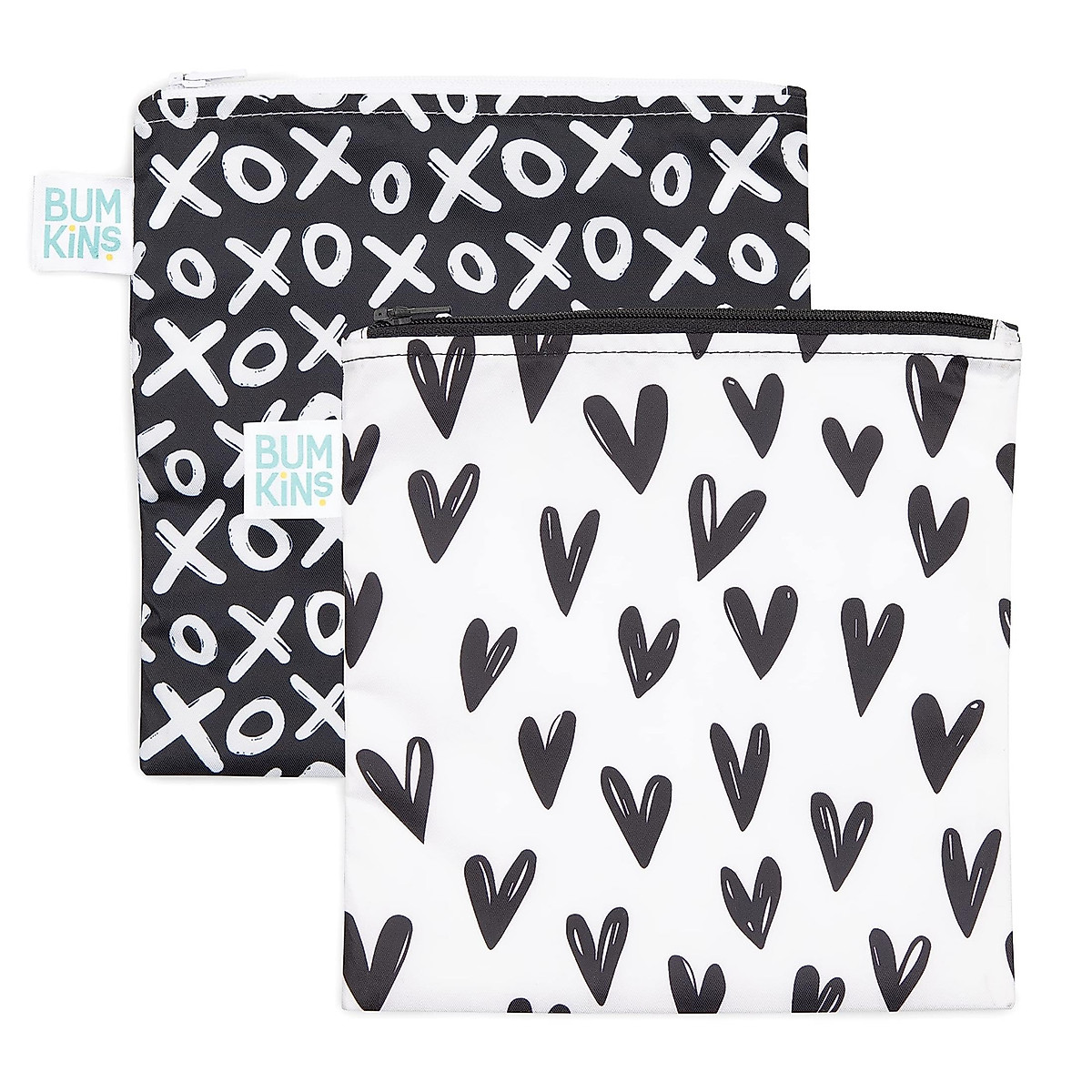 Bumkins Sandwich Bag / Snack Bag, Reusable Fabric, Washable, Food Safe, BPA Free, 7x7 - Hearts & XOXO (Pack of 2)