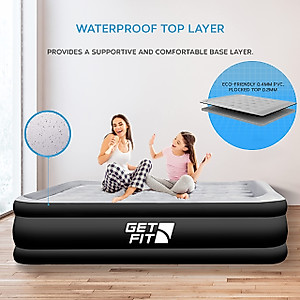 Get Fit Air Bed with Built in Electric Pump - Premium Queen Size - Blow Up Bed with 2 x Free Pillows - Elevated Inflatable Air Mattress for Outdoor, Camping, Tents - Black/Grey