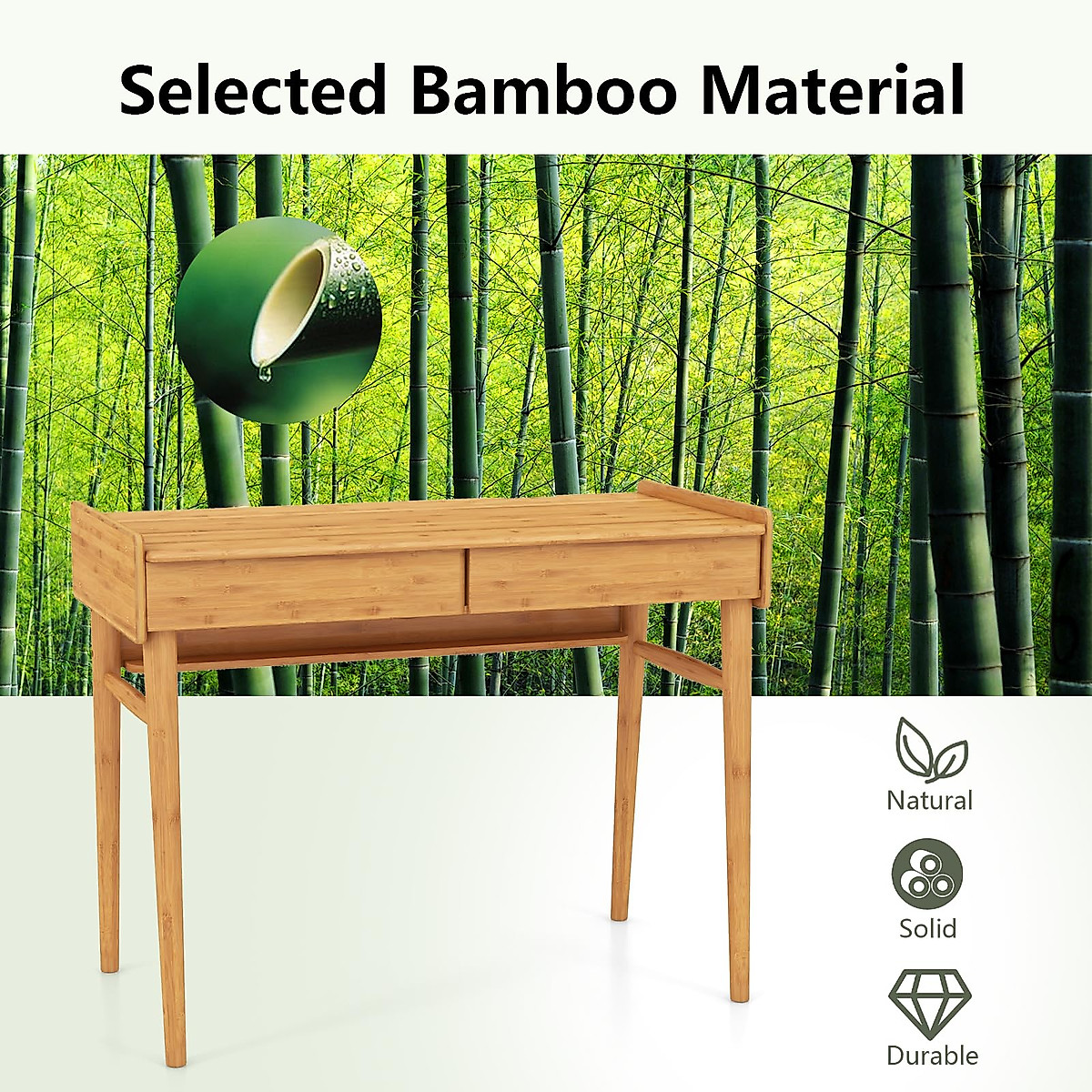 GOFLAME Bamboo Computer Desk, Home Office Desk with 2 Storage Drawers, Open Shelf, Cable Management Groove, Mid Century Writing Desk for Laptop, Working, Learning & Vanity, Natural