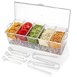 IVYHOME Ice Chilled 5 Compartment Condiment Server Caddy | Plastic Storage Food Containers | Serving Tray Container with 5 Removable Dishes Over 2 Cup Capacity Each and Hinged Lid